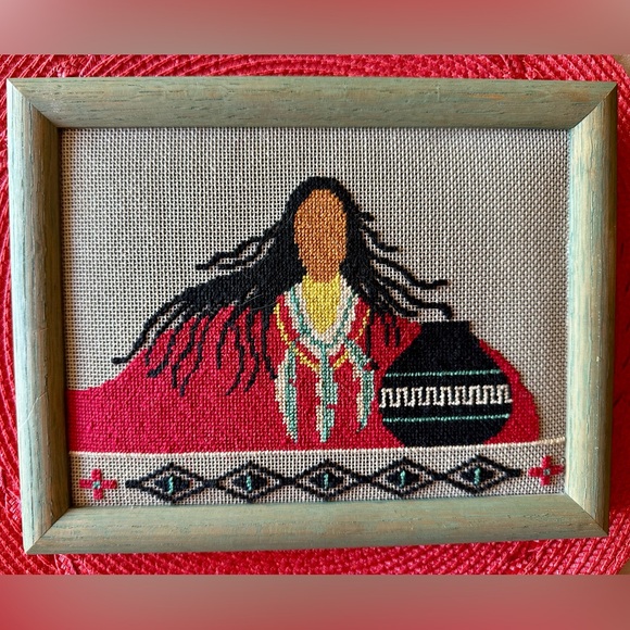 Hand Crafted | Art | Native American Woman Needlepoint Wood Framed No ...